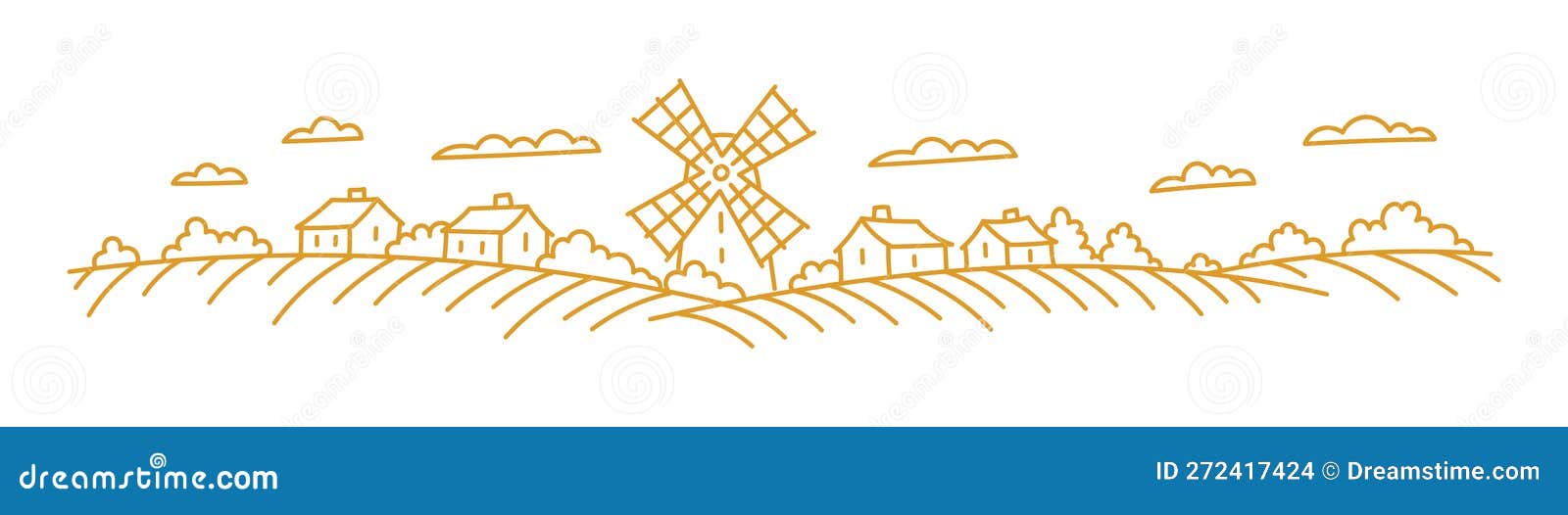 Fields with a Windmill Landscape. Vector Line. Editable Outline Stroke ...
