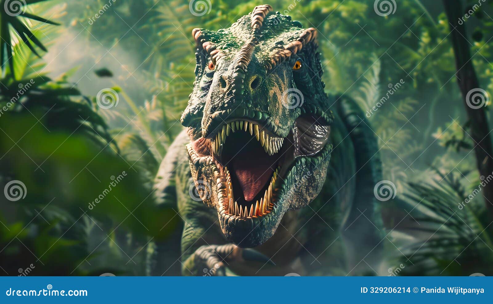 Fierce and Aggressive Dinosaur Creatures Roaring Ferociously in a Lush ...