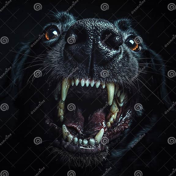 Fierce Black Dog with Sharp Teeth in Low-light Close-up Stock Image ...