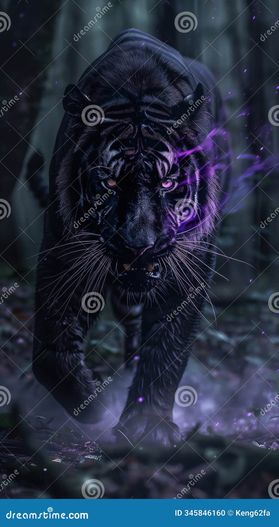 Fierce Black Tiger Prowls through Mystical Forest, Exuding Power Stock ...