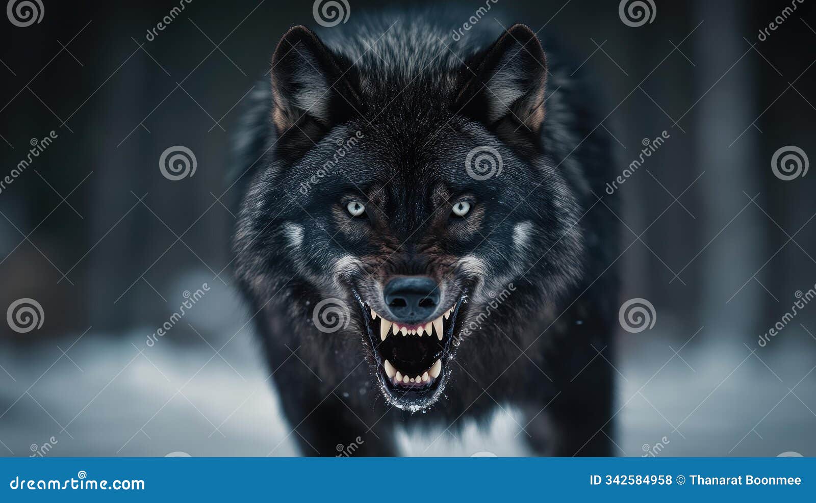 A Fierce Black Wolf Displays Its Sharp Teeth and Intense Gaze Against a ...