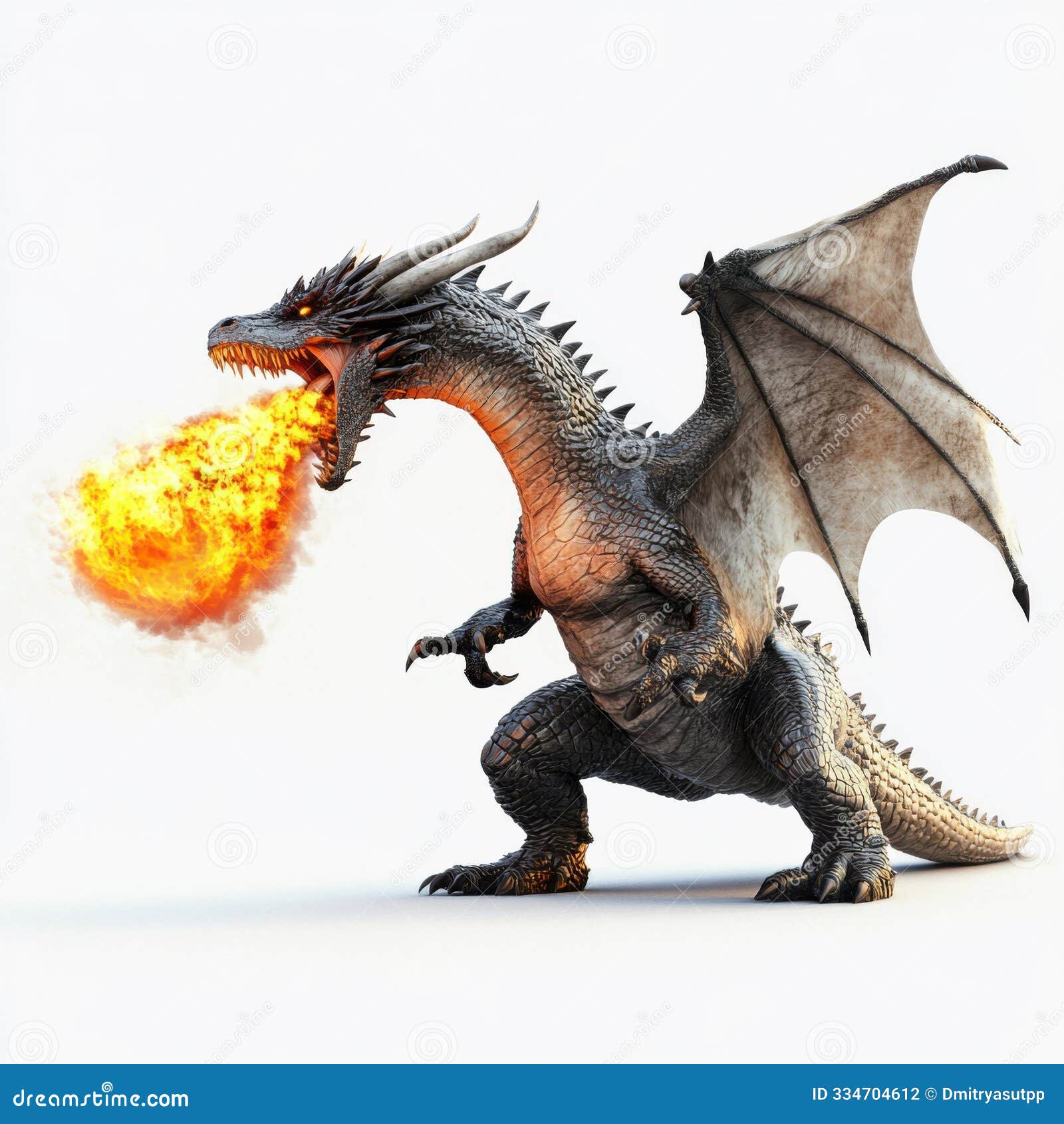 Fierce Dragon Breathing Fire with Detailed Scales and Wings in Dynamic ...