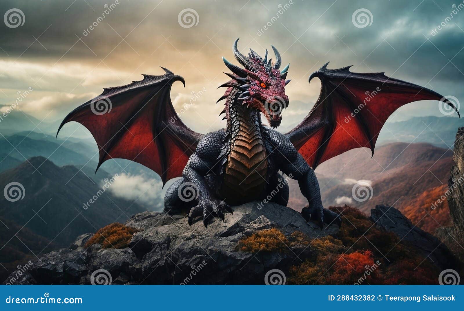 A Fierce Dragon on Rock Mountain with Sky Background Stock Illustration ...