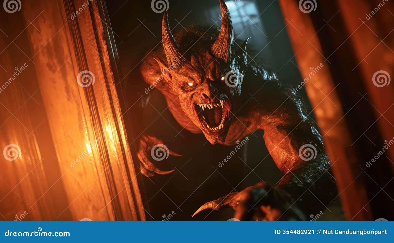 Horned Demon Skull Pushing Through The Mirror Stock Image ...