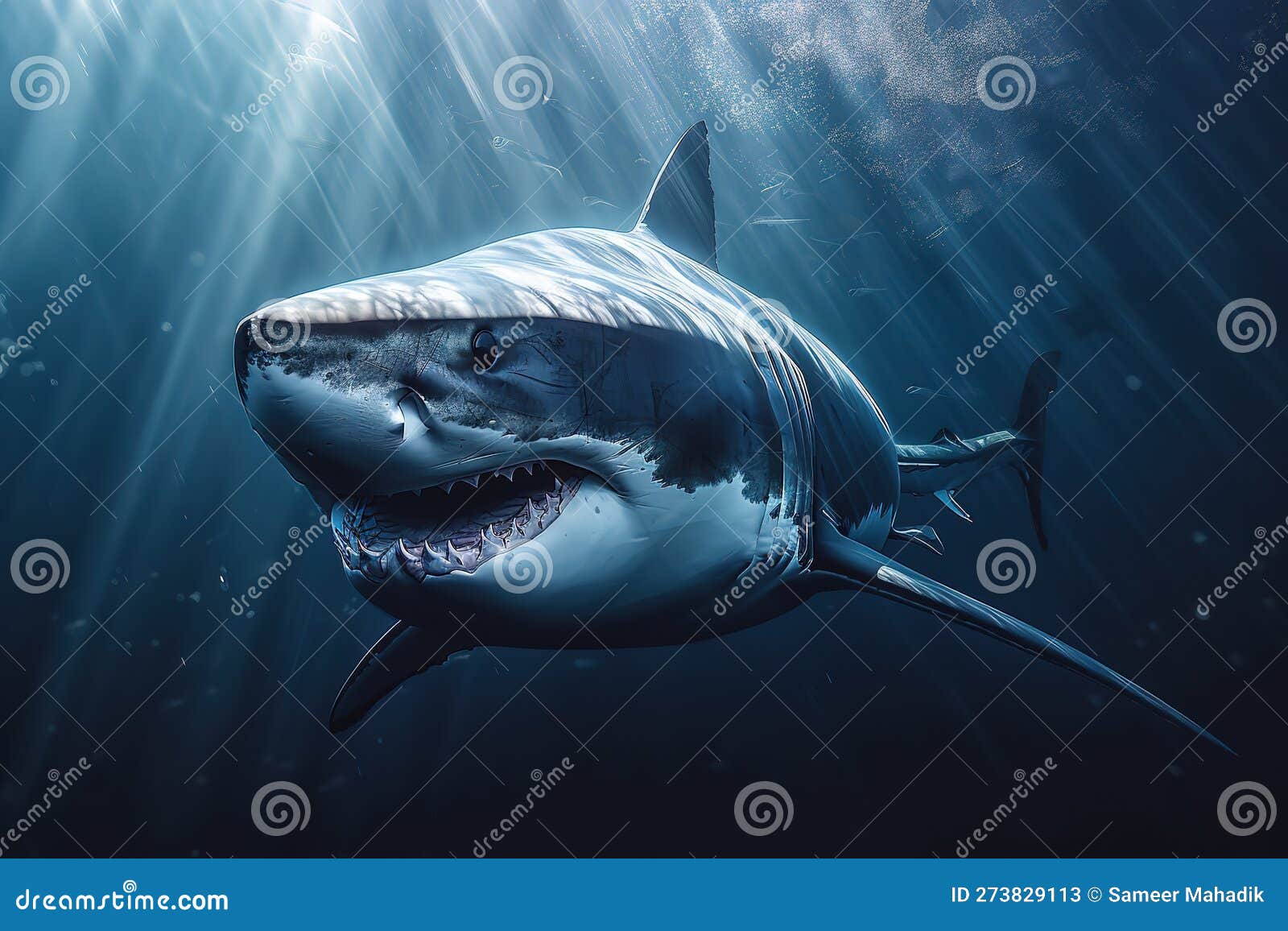 A Fierce and Intimidating Great White Shark Swimming through the Ocean ... A Fierce and Intimidating Great White Shark Swimming through the Ocean ...
