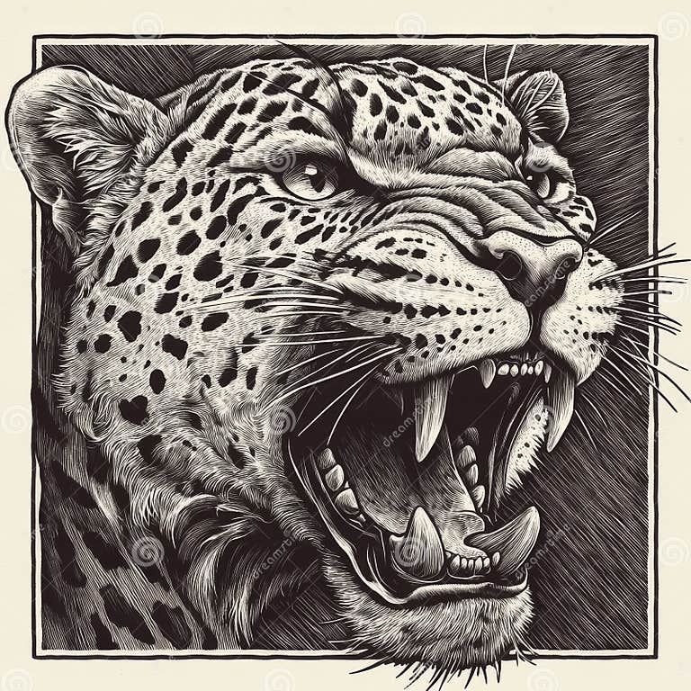 Fierce Leopard Head Growling, Sharp Teeth Bared, Representing Strength ...