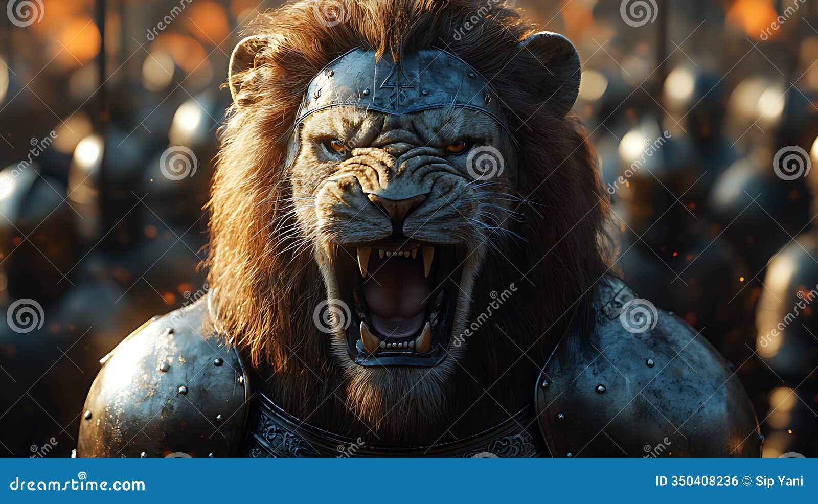 A Fierce Lion in Armor Roars with a Legion of Soldiers Behind it Stock ...