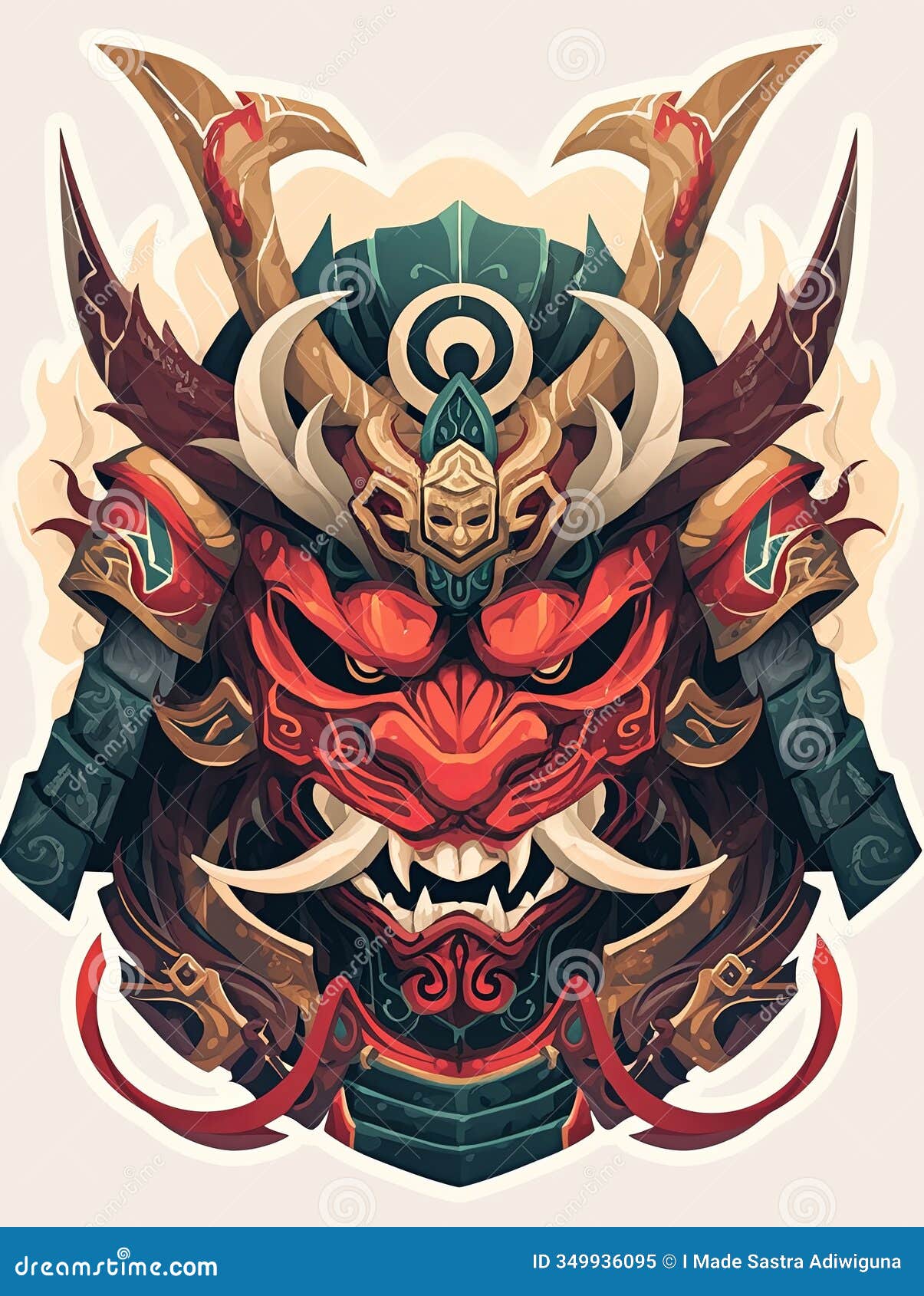 Fierce Oni Mask in Samurai Helmet, Detailed Illustration Stock ...