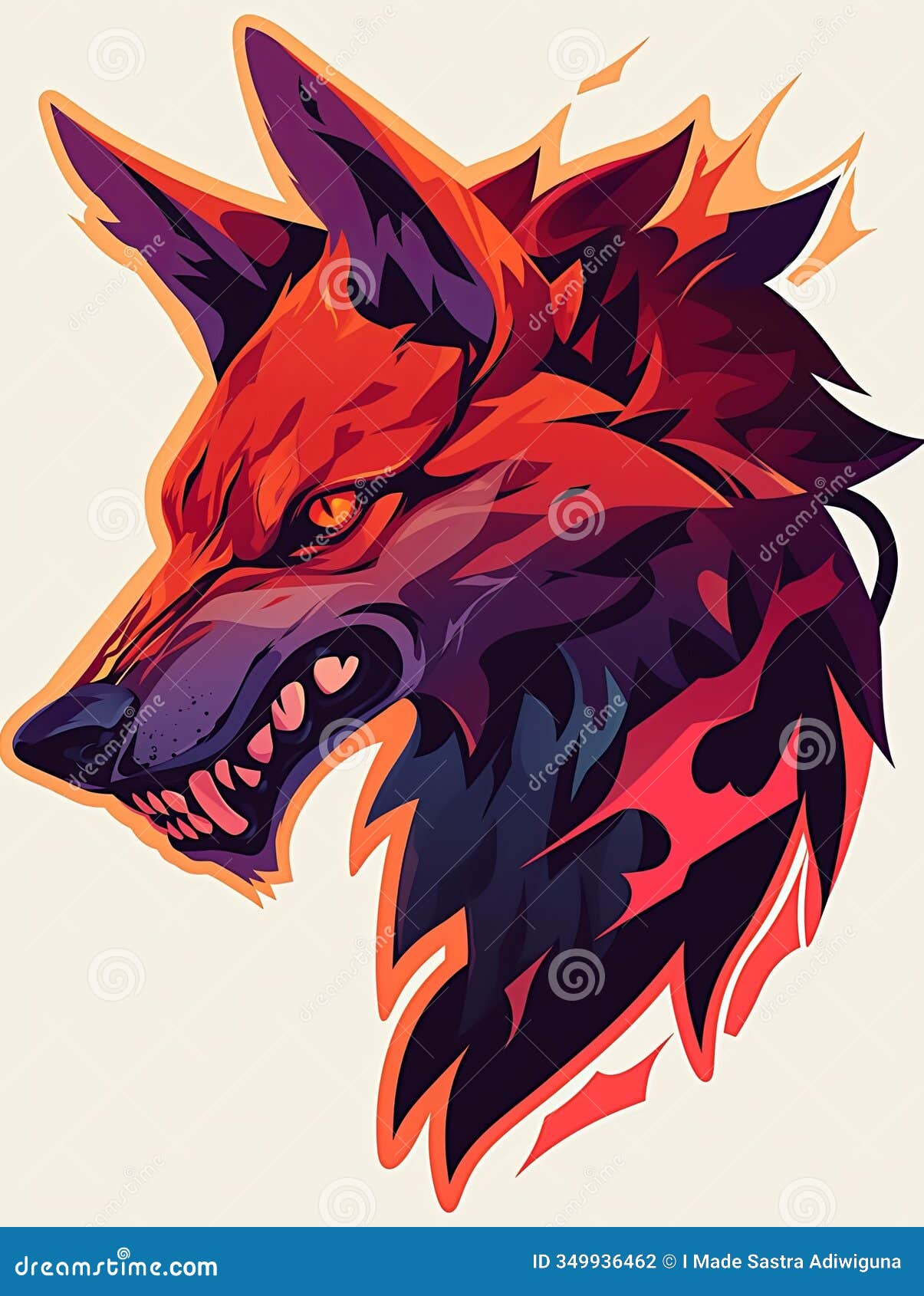 Fierce Red Wolf Head, Stylized Illustration with Sharp Teeth and ...