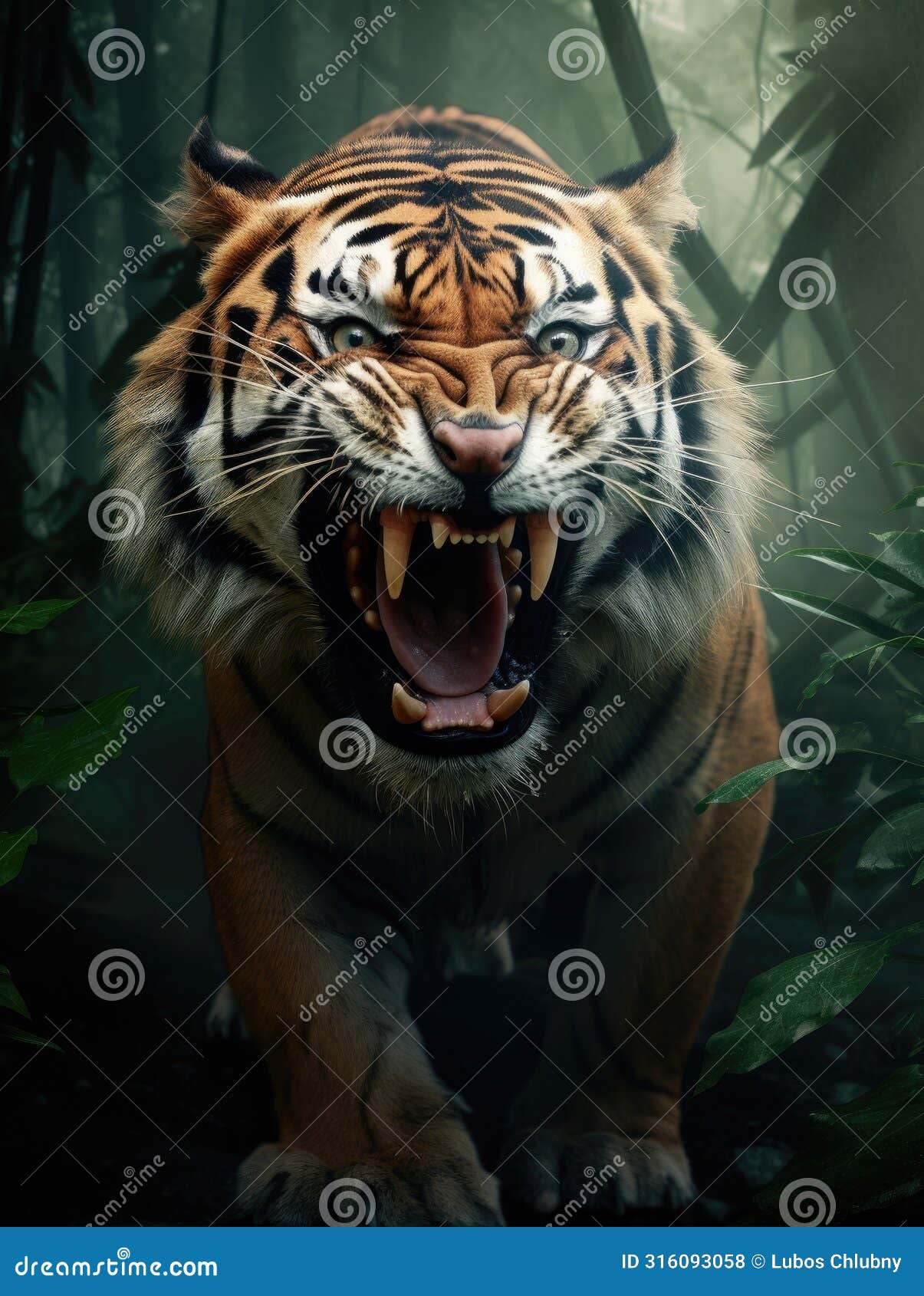 Fierce Tiger Roaring in a Misty Jungle Stock Illustration ...