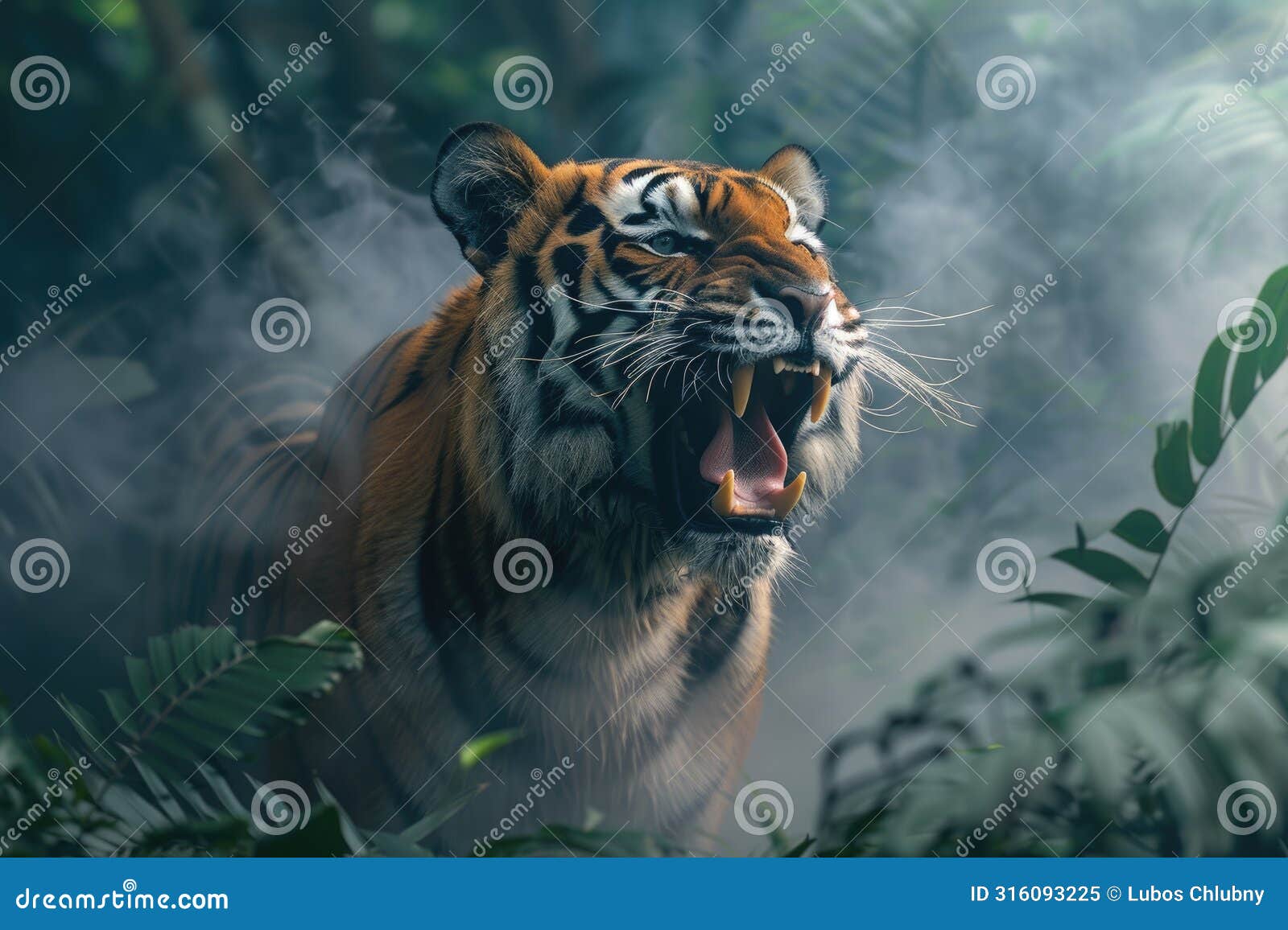 Fierce Tiger Roaring in a Misty Jungle Stock Illustration ...