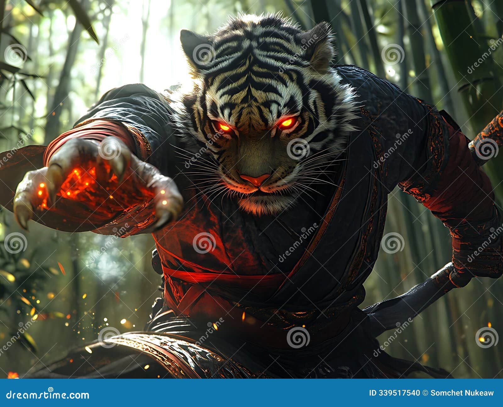 Fierce Tiger Warrior in Bamboo Forest, Dynamic Action Pose Stock ...