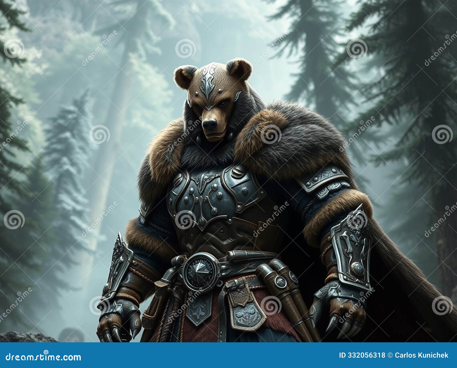 A Fierce Warrior Clad In Armor Intricately Inspired By A Bear, Standing ...