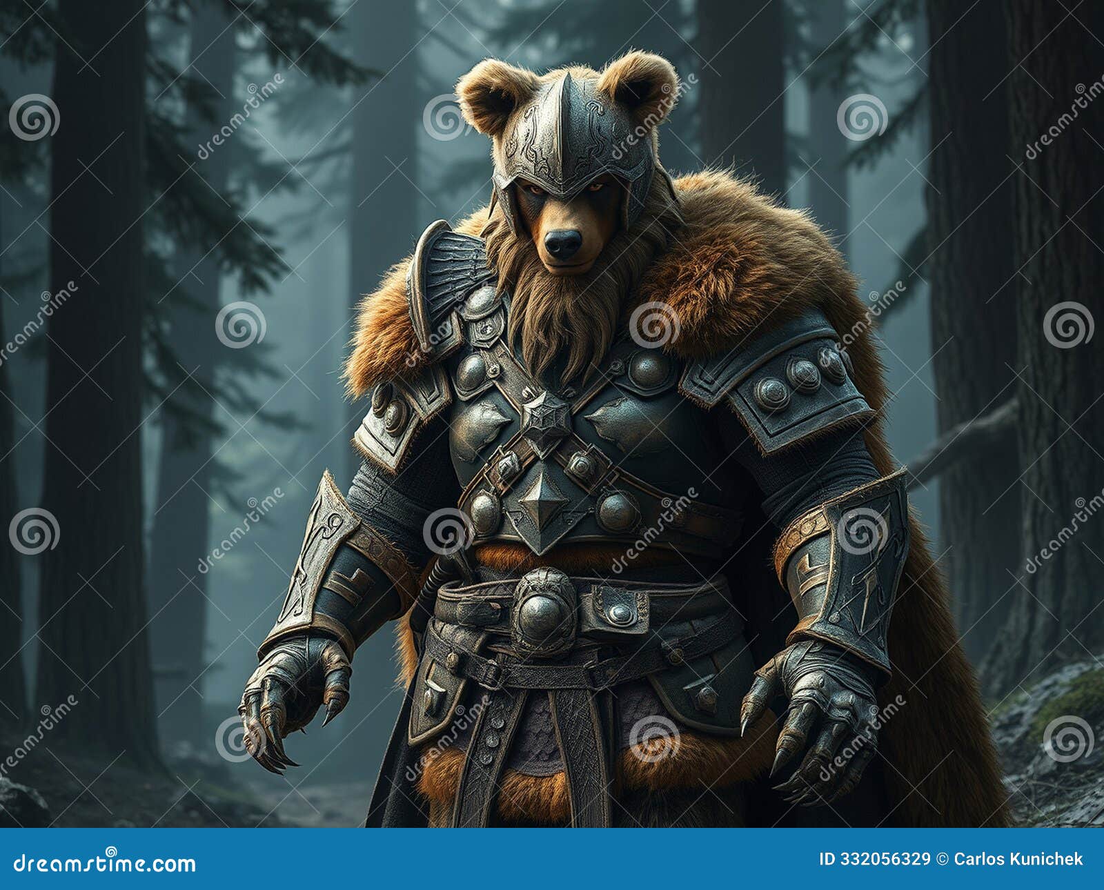 A Fierce Warrior Clad In Armor Intricately Inspired By A Bear, Standing ...