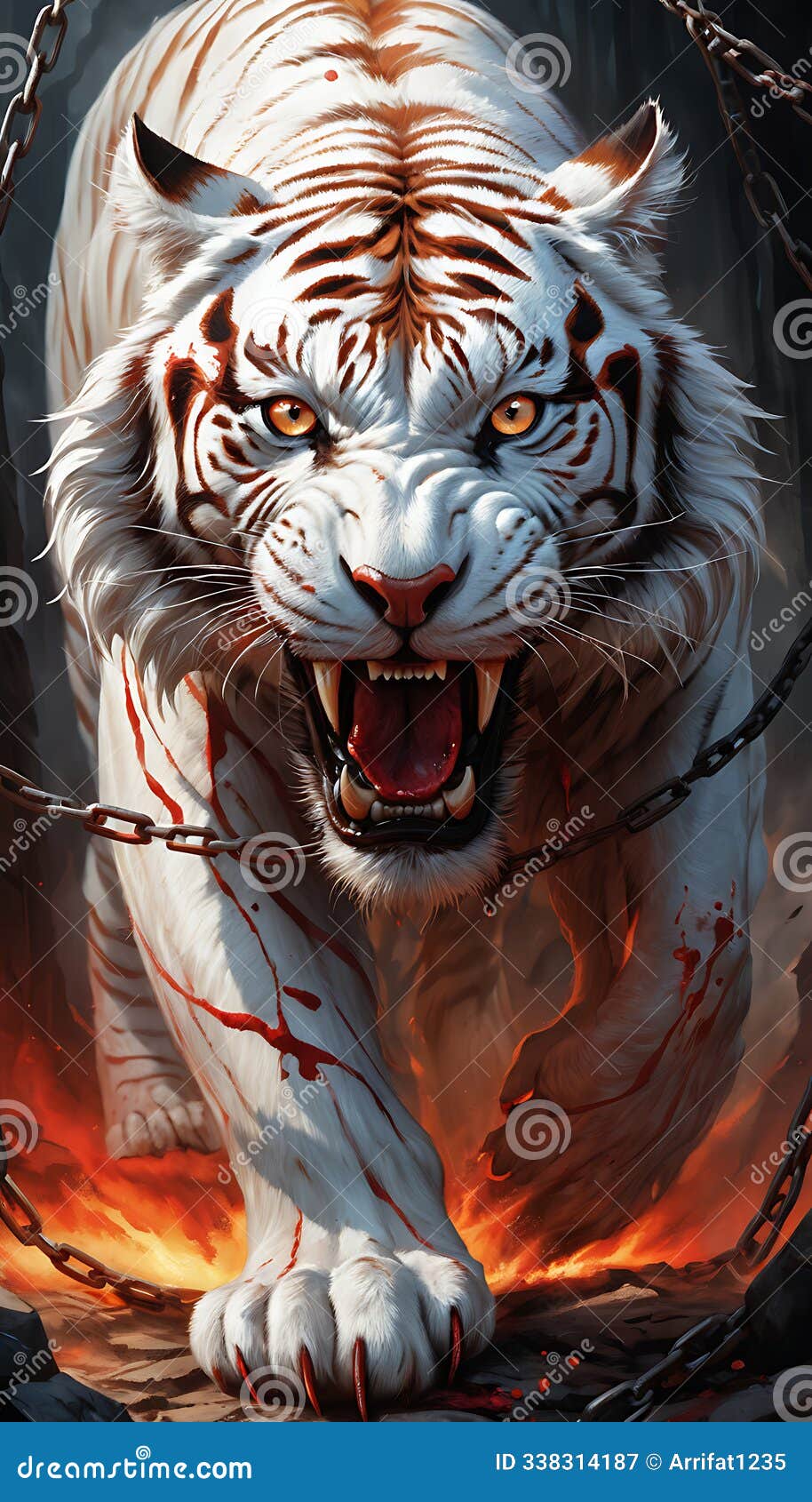 A Fierce White Tiger with Chains, Roaring Amidst Flames in a Dark ...
