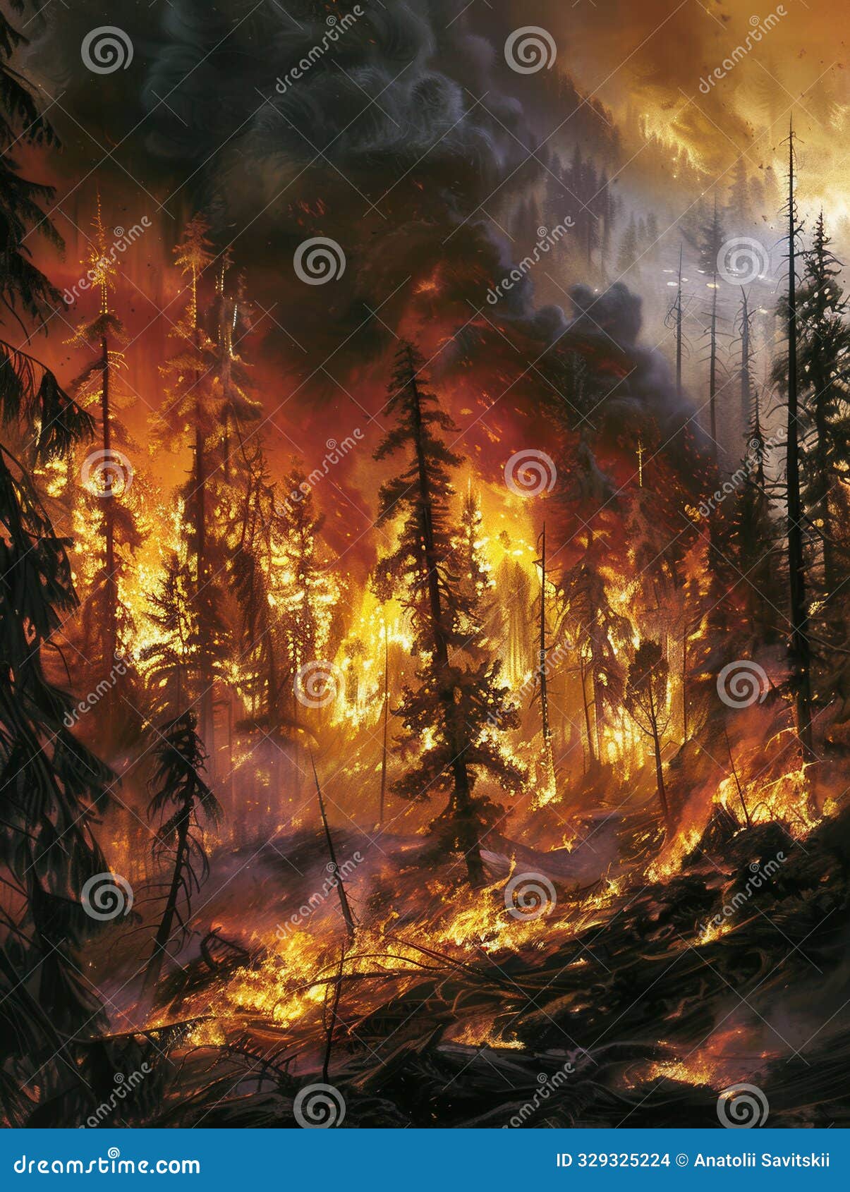A Fierce Wildfire Engulfs a Dense Forest, with Flames Consuming Trees ...