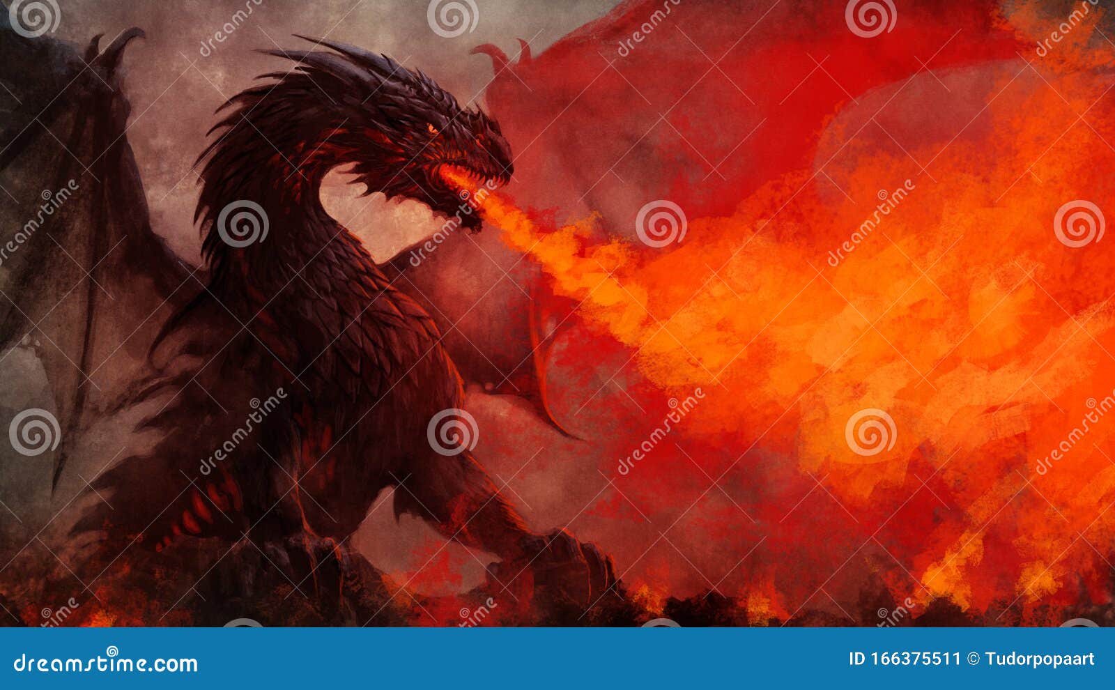 Fierce Winged Black Dragon Fantasy Illustration Stock Illustration ...