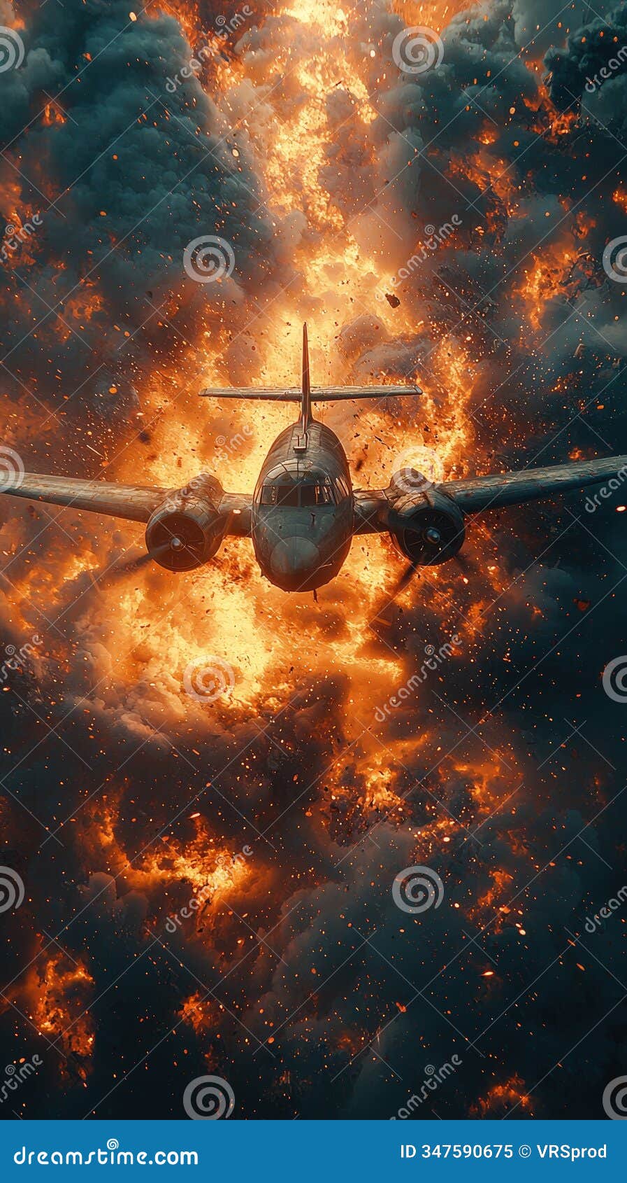 Fiery Airplane Escaping through Massive Explosion and Dark Clouds Stock ...