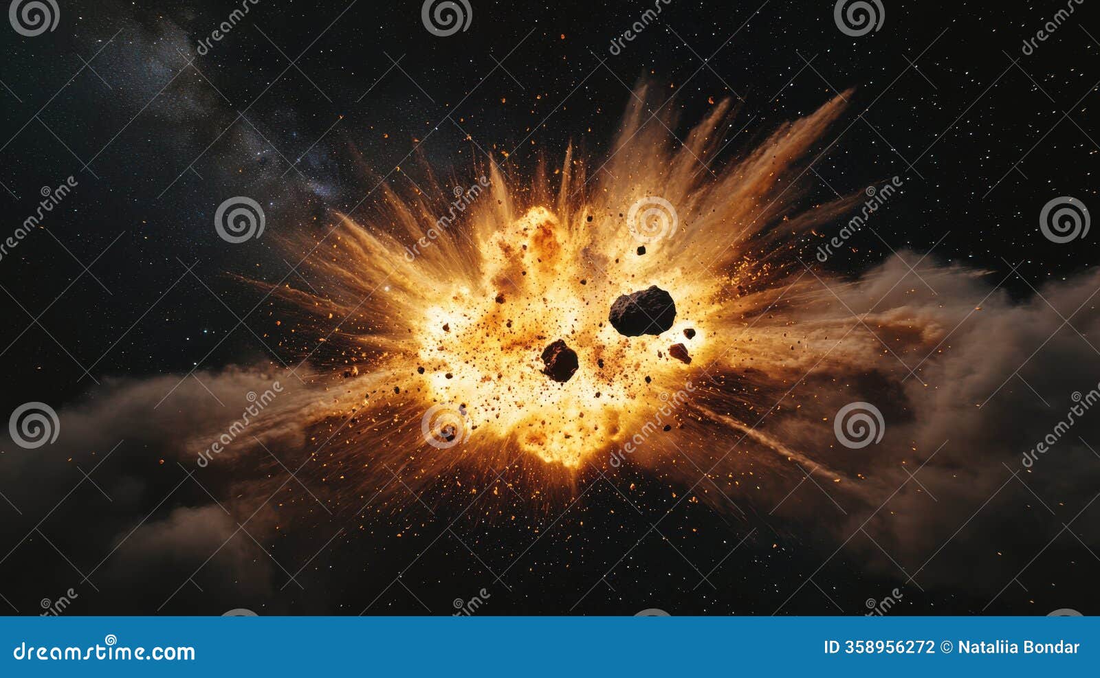Fiery Asteroid Explosion in Deep Space with Cosmic Debris and Galaxies ...