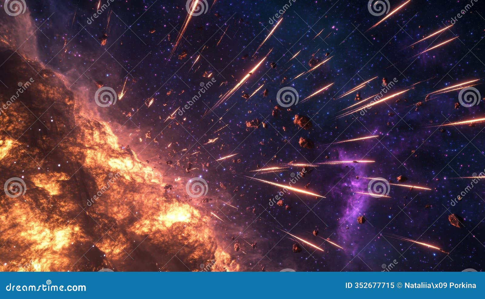 Fiery Asteroid Field with Meteor Shower in Deep Space Captured in ...