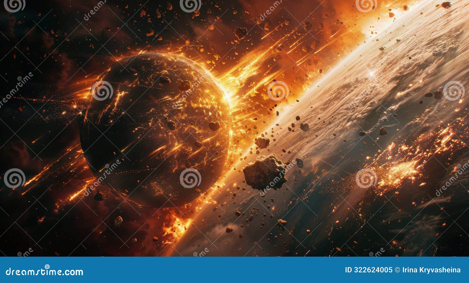 Fiery Asteroid Impact on Planet Surface with Debris Field Stock Image ...