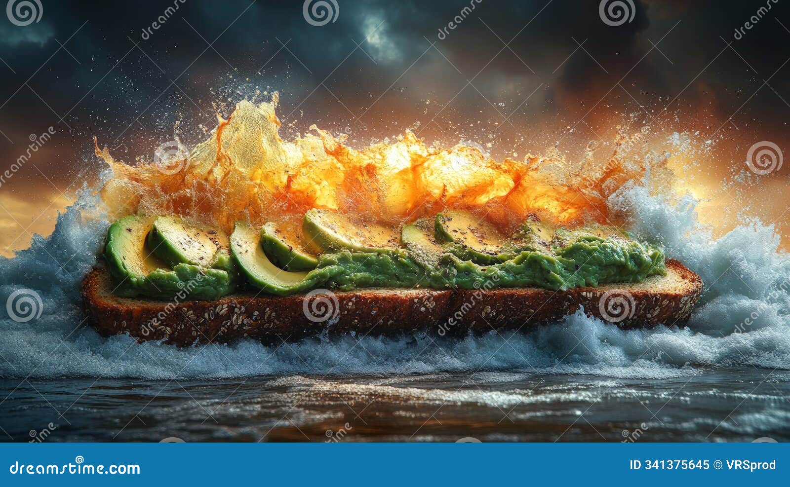 Fiery Avocado Toast with Dramatic Wave and Flame Effects Stock Image ...