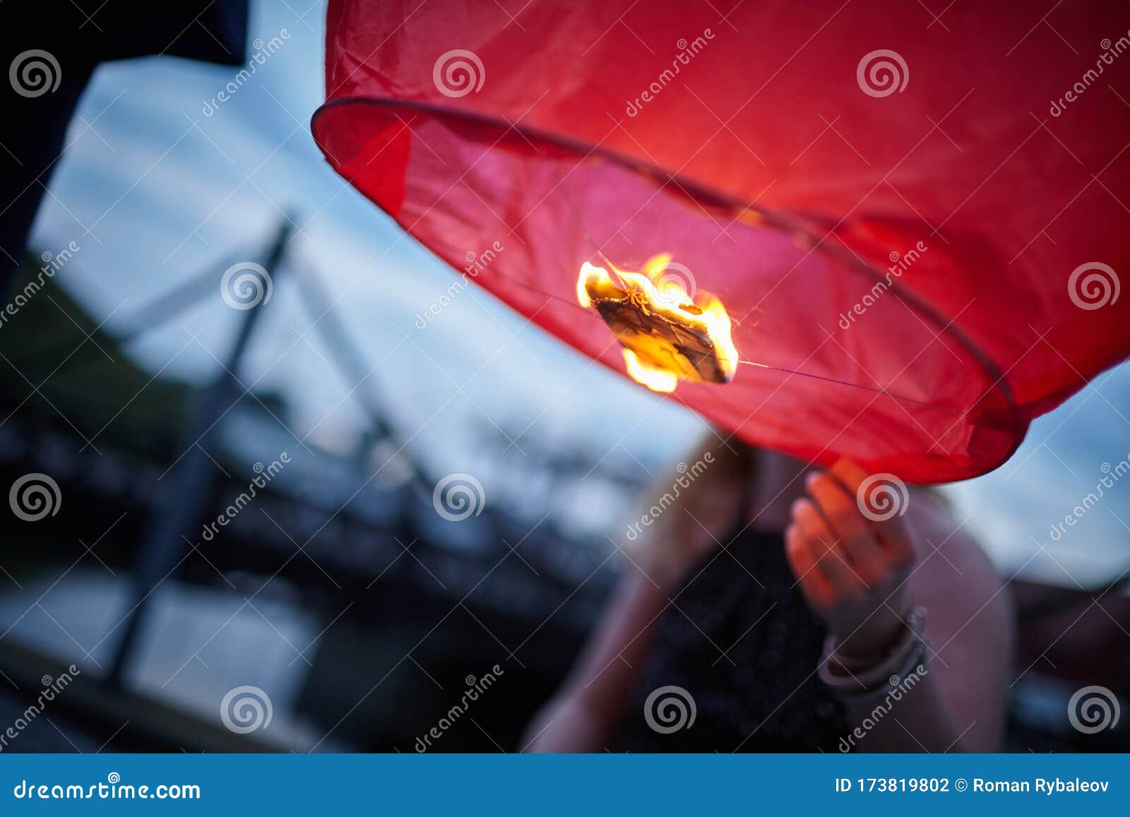Fiery Balloon Launched into the Sky Above the City Stock Photo - Image ...