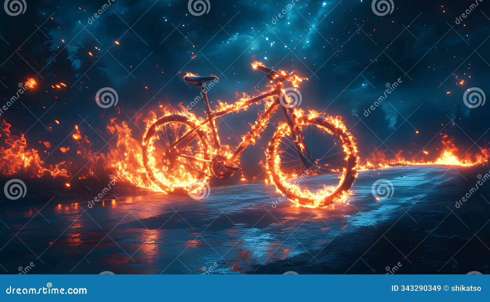 A Fiery Bicycle on a Road with a Starry Night Sky Stock Illustration ...