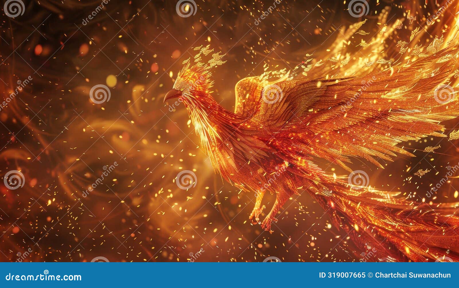 A Fiery Bird with Its Wings Spread Wide, Surrounded by a Cloud of ...