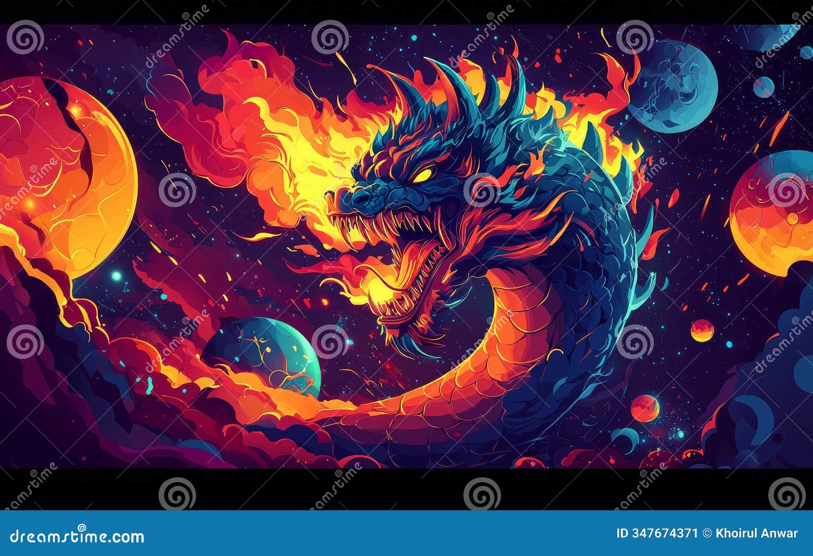 A Fiery Blue Dragon in a Space Background with Vibrant Colors and ...