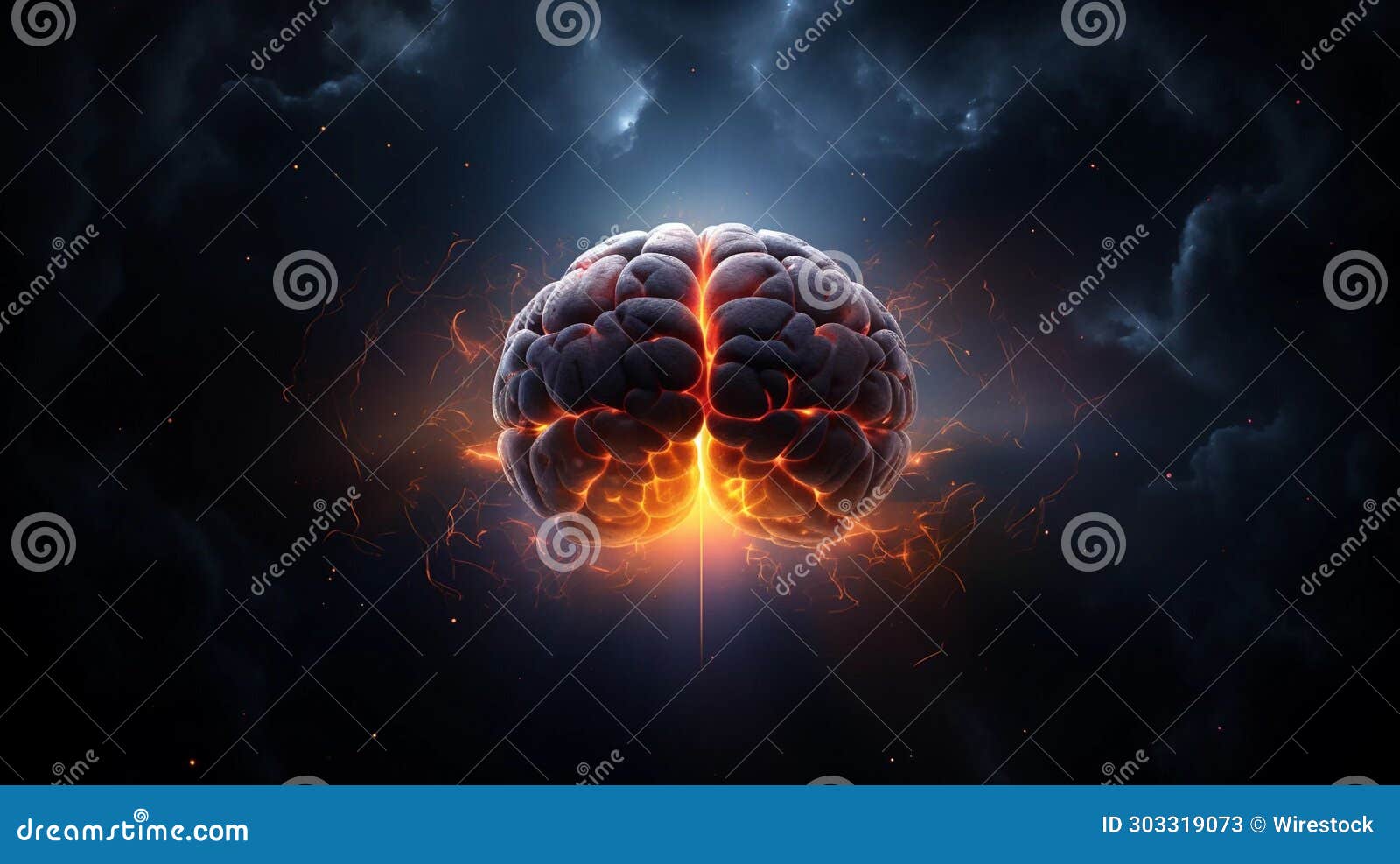 A Fiery Brain is Seen in the Sky with Clouds and Fire on it Stock ...