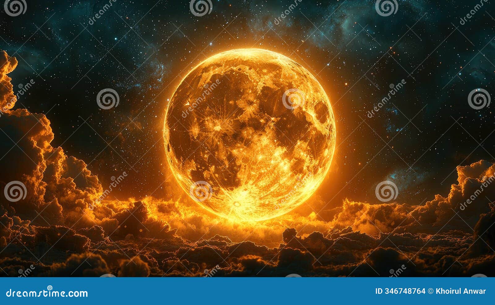 Fiery, Burning Moon in a Dark Night Sky with Stars Stock Illustration ...
