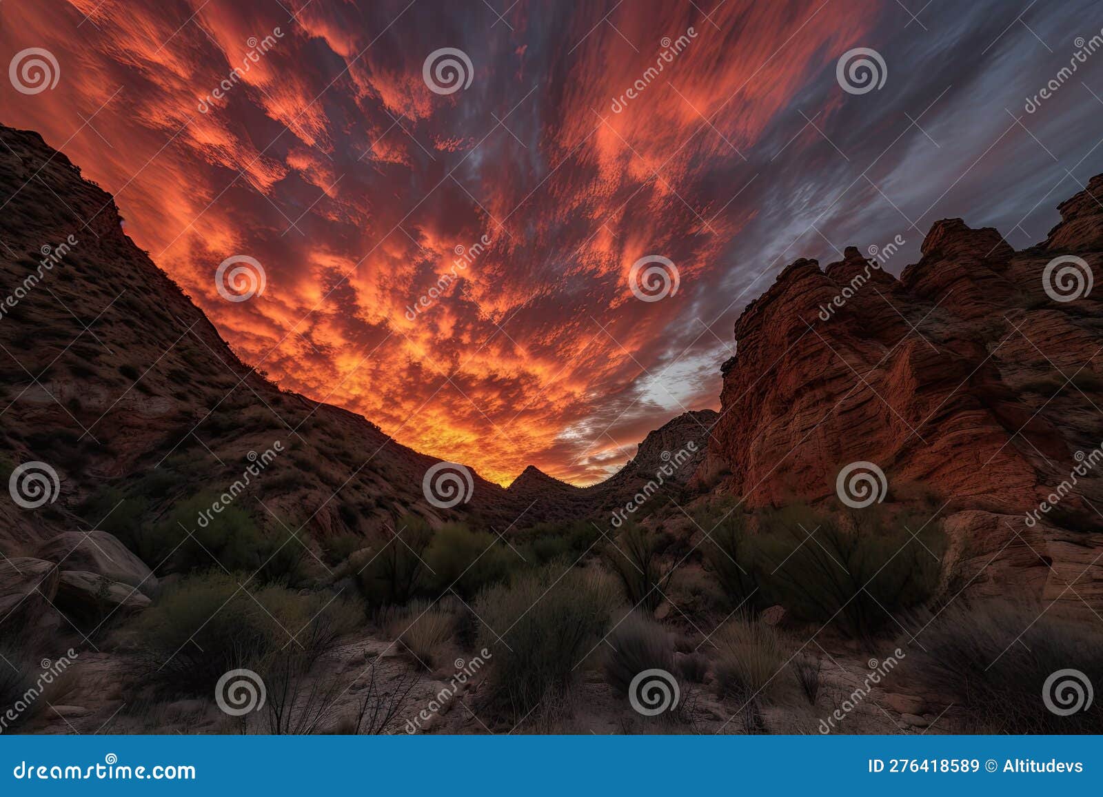 Fiery Canyon Sunsets, with Dramatic Sky and Silhouette of Tall Cliff ...