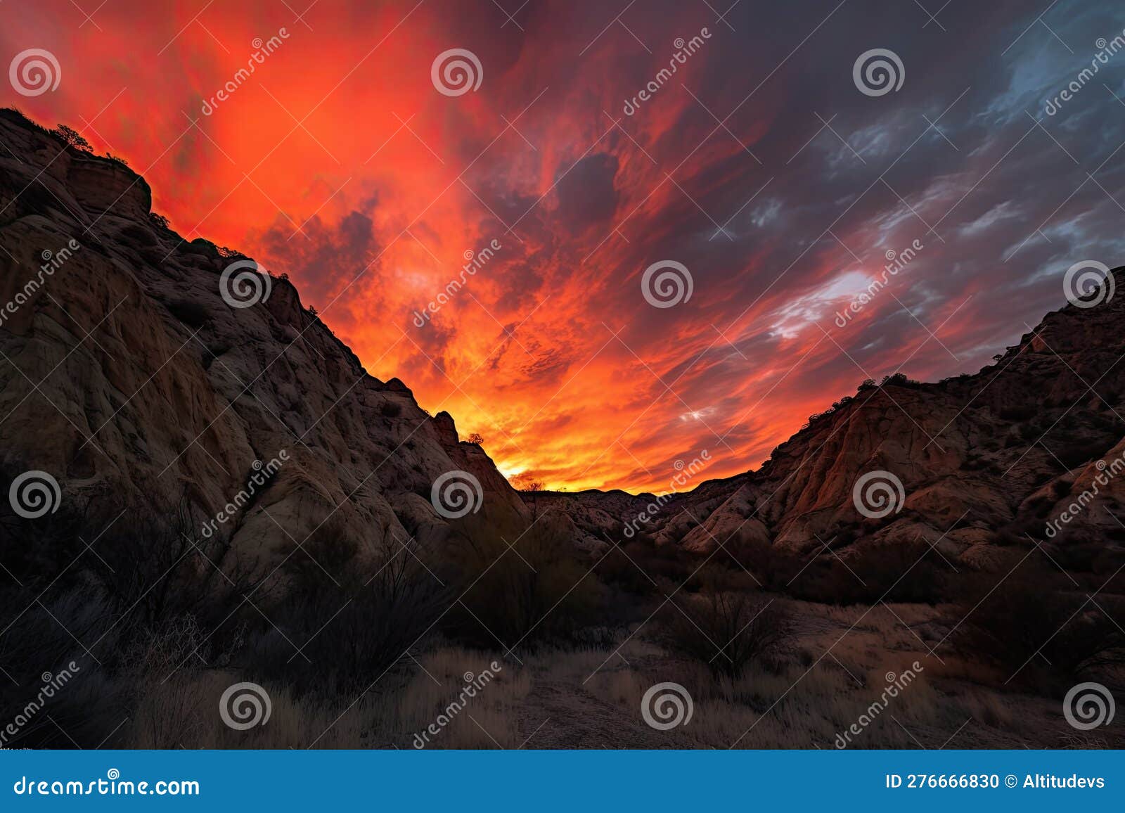 Fiery Canyon Sunsets, with Dramatic Sky and Silhouette of Tall Cliff ...