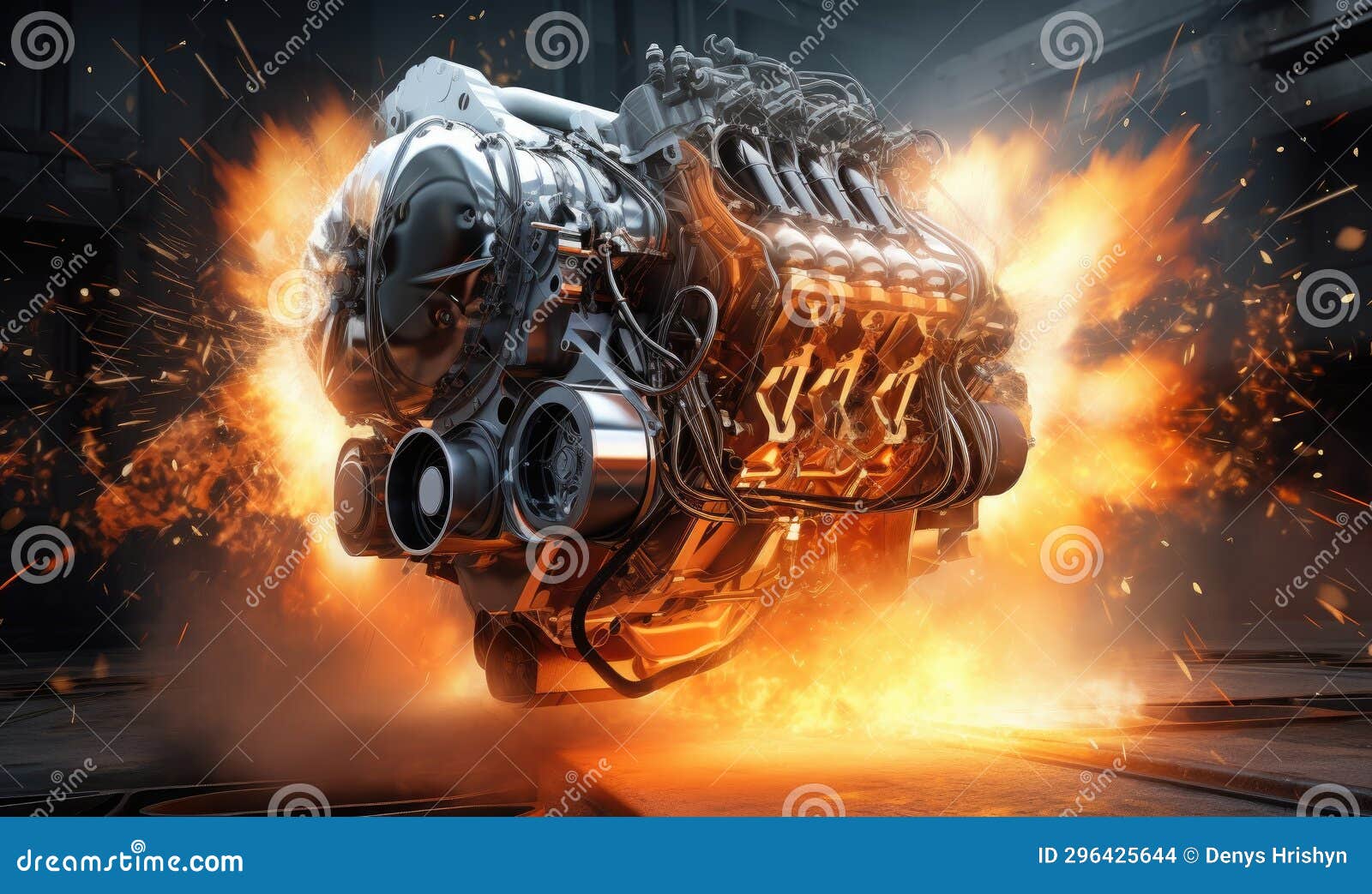 A Fiery Car Engine Igniting with Intense Flames Stock Illustration ...