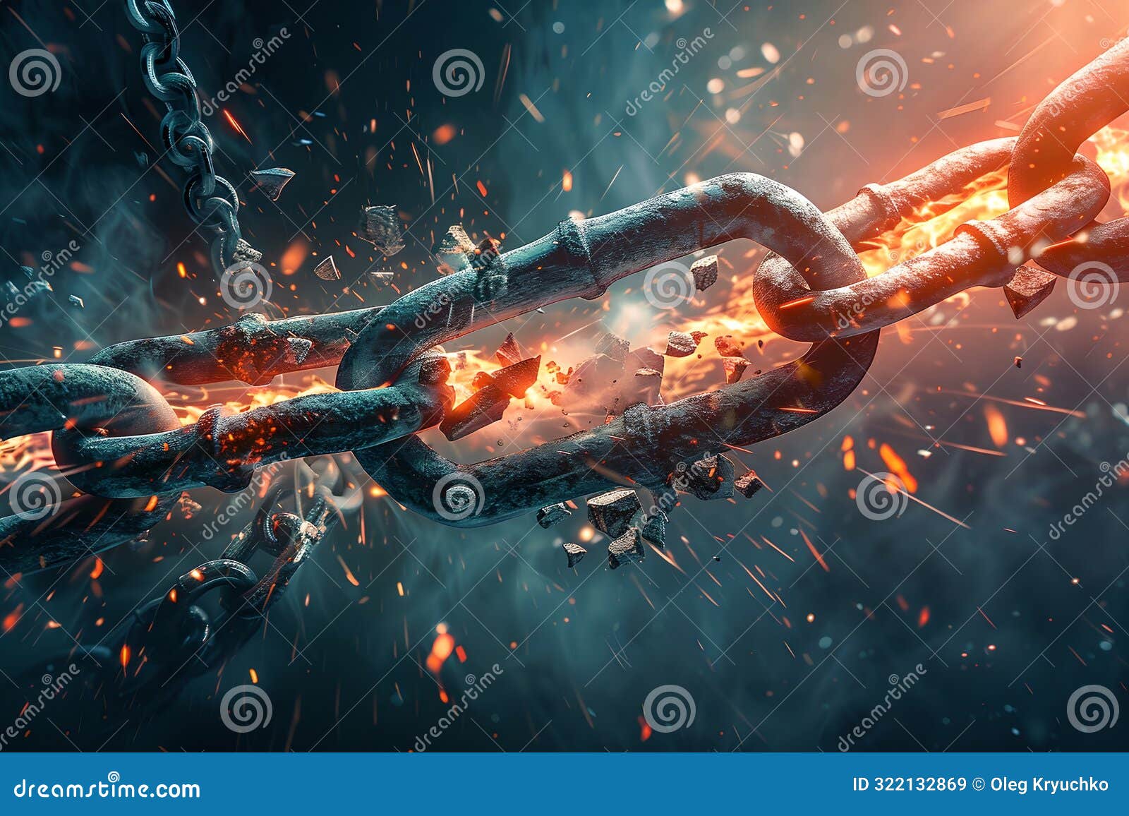 Fiery Chain Breaking into Pieces in a Dramatic Scene. Heavy Chains ...