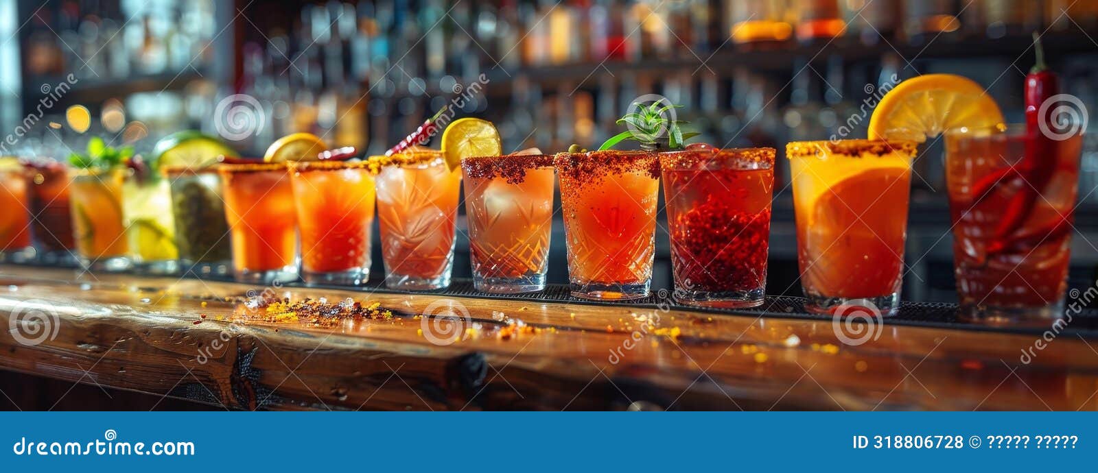 Fiery Chili-based Cocktails Lineup on Bar Counter with Unique Fiery ...