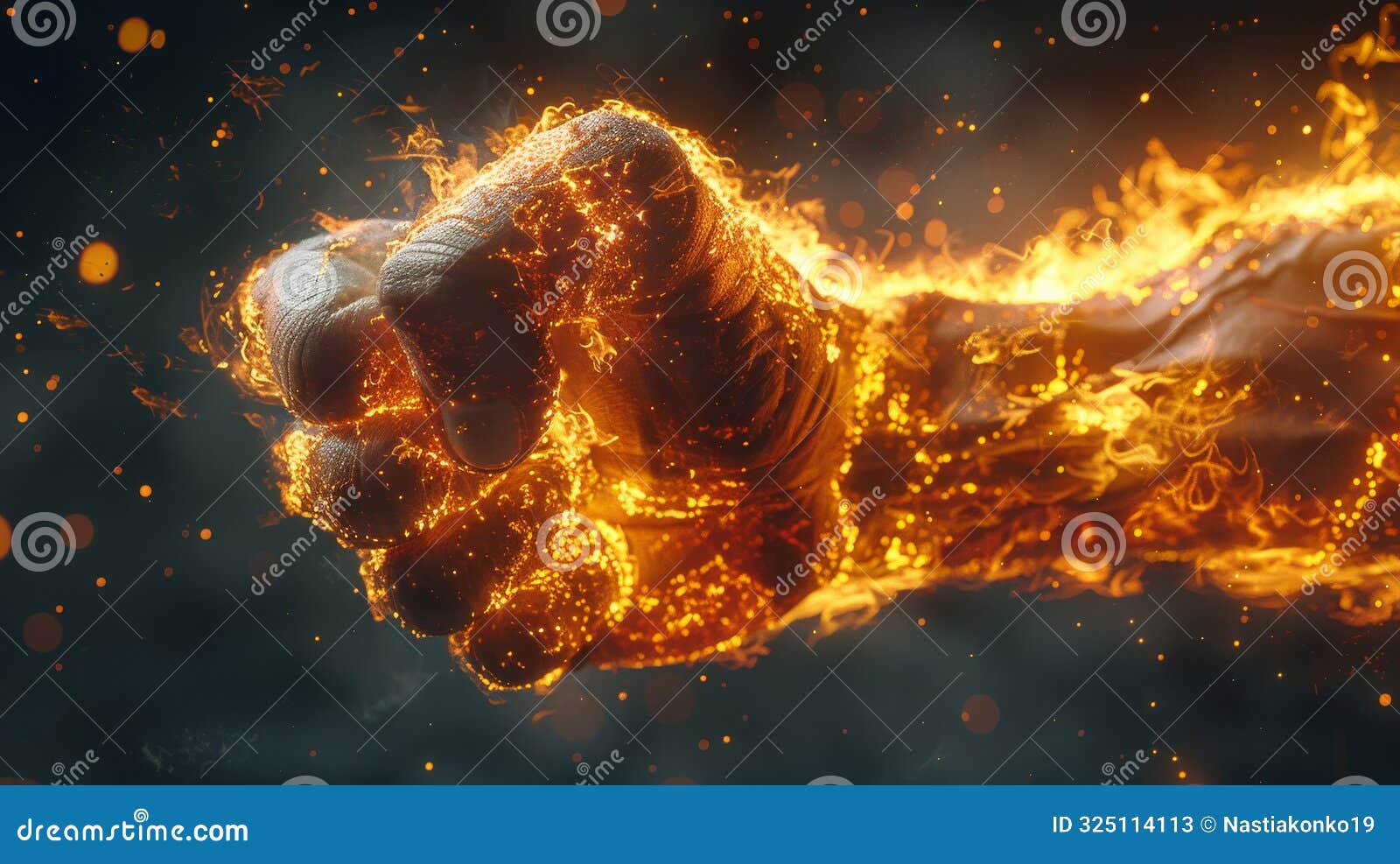 Fiery Clenched Fist with Flames and Sparks in Dramatic Light Stock ...