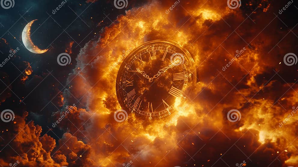 Fiery Clock in Clouds with Crescent Moon, Time Concept Stock Photo ...