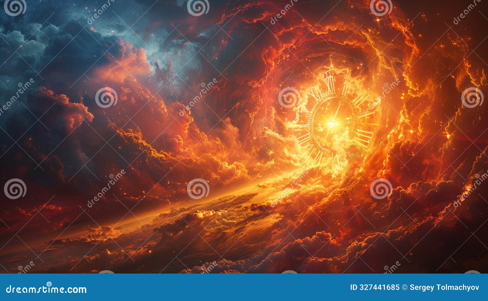A Fiery Clock Embedded in the Clouds of a Celestial Landscape Stock ...