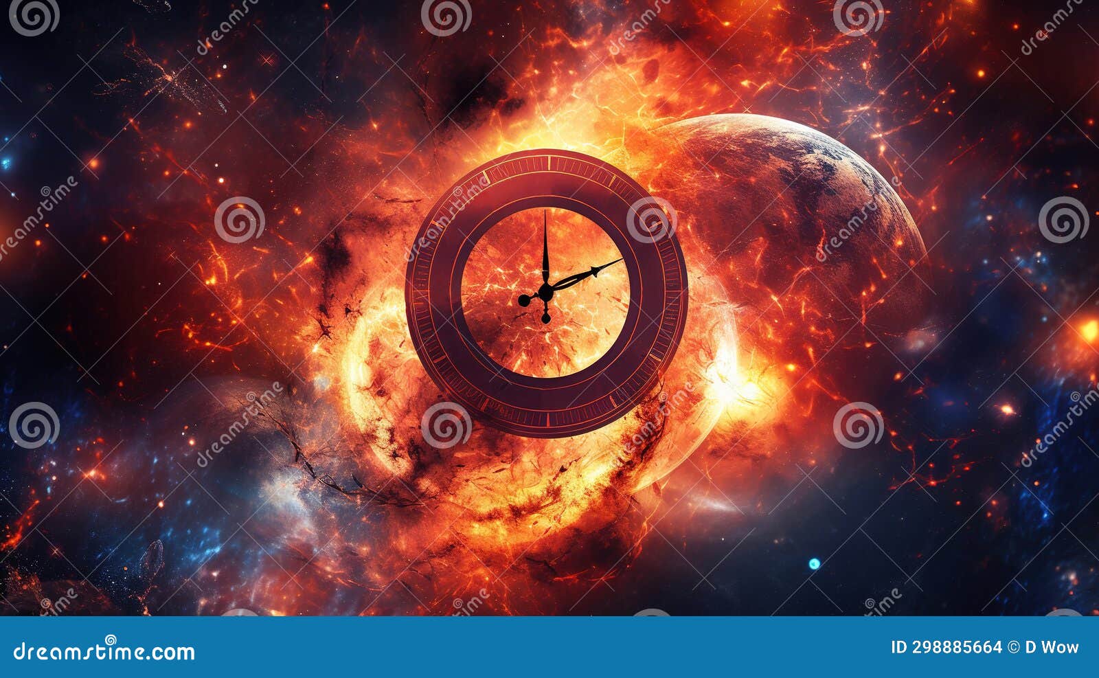 Fiery Clock Face in Outer Space among the Planets. Time Travel Concept ...