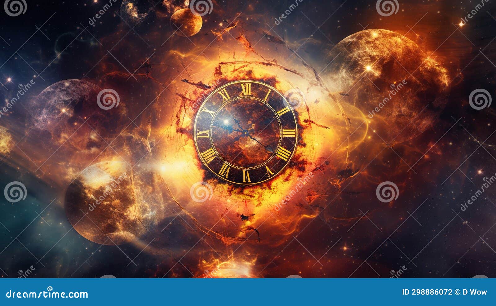 Fiery Clock Face in Outer Space among the Planets. Time Travel Concept ...