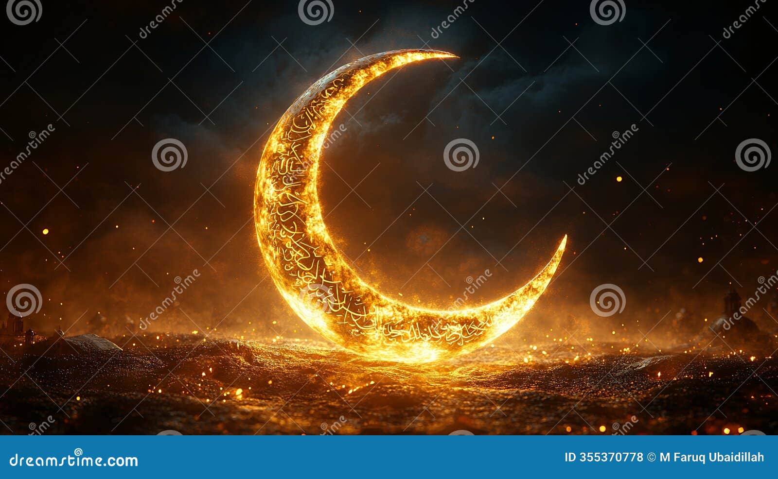 Fiery Crescent Moon Celestial Calligraphy in Dramatic Night Stock Photo ...