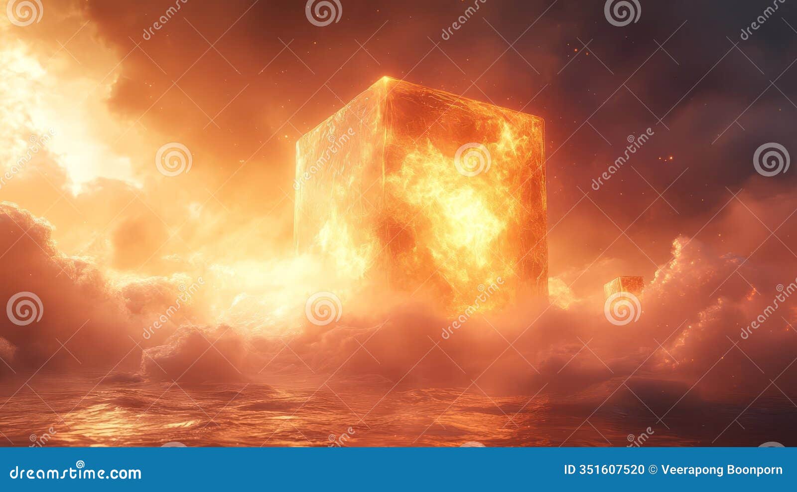 A Fiery Cube Emerges from Clouds, Depicting Elements of Chaos and ...