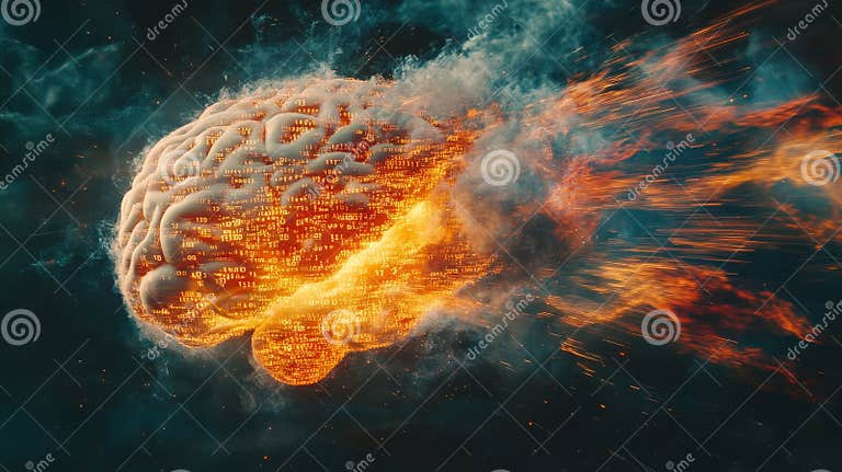 Fiery Digital Mind Exploding Human Brain, Symbolizing Data, Technology ...