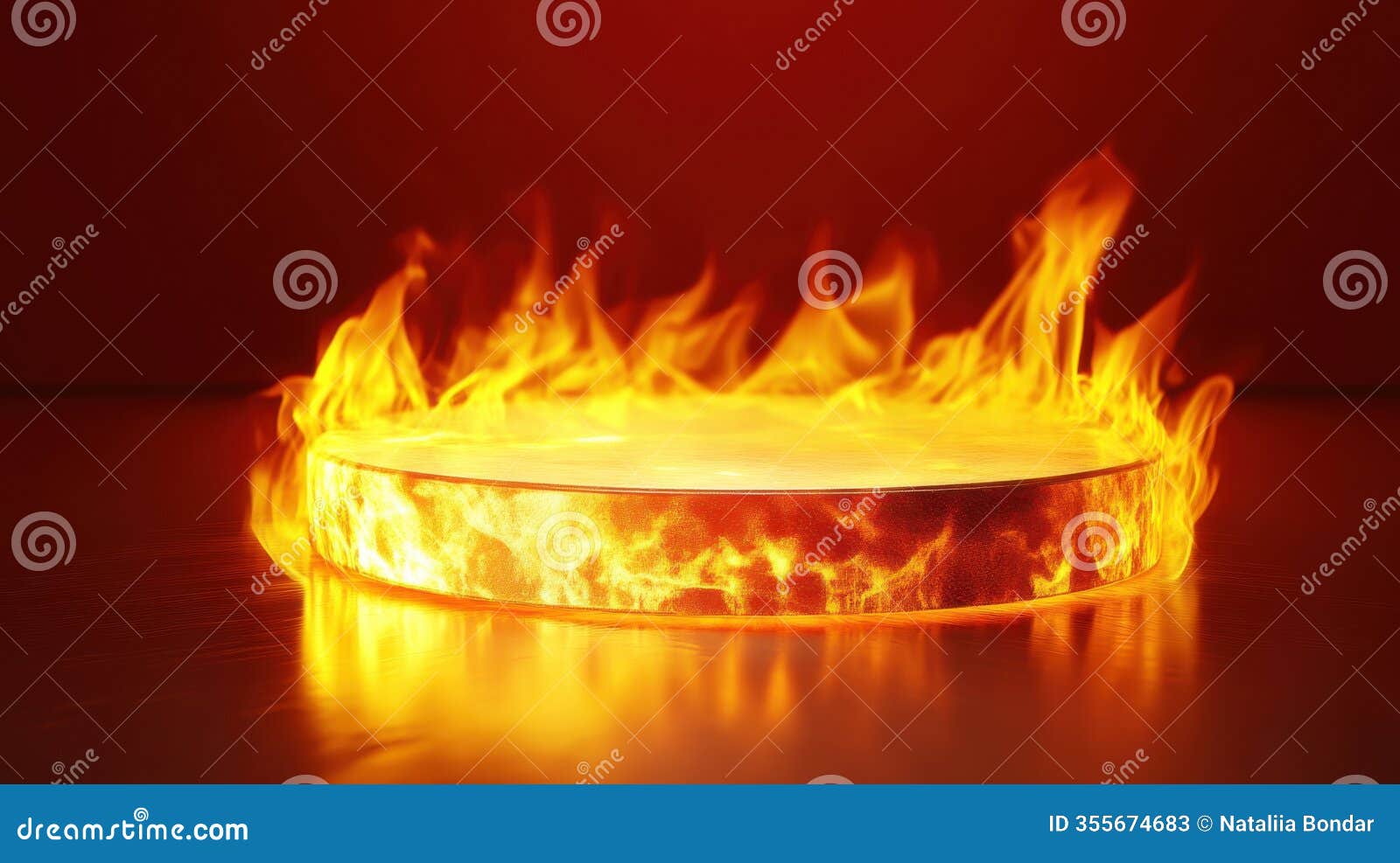 Fiery Disc Surrounded by Flames on Reflective Surface in Dark Setting ...