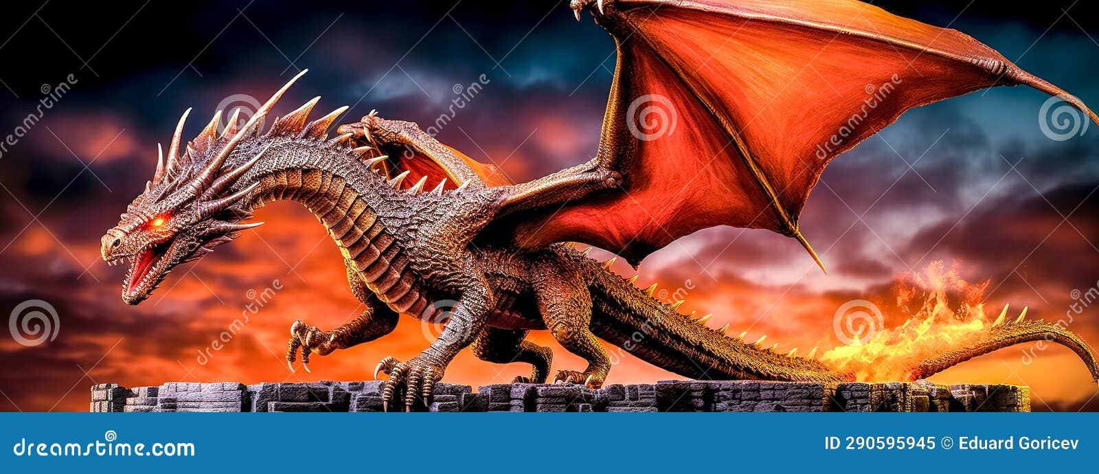 A Fiery Dragon with a Flaming Tail, Banner Stock Image - Image of ...