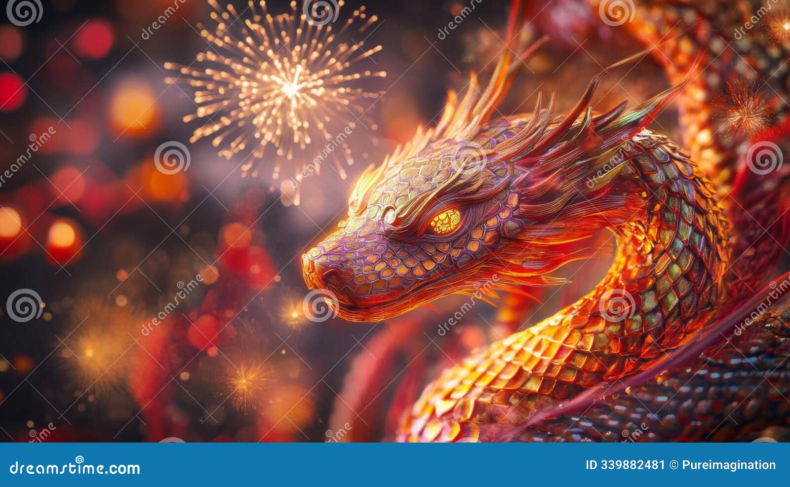 A Fiery Dragon with Golden Scales and a Fireworks Display Stock ...
