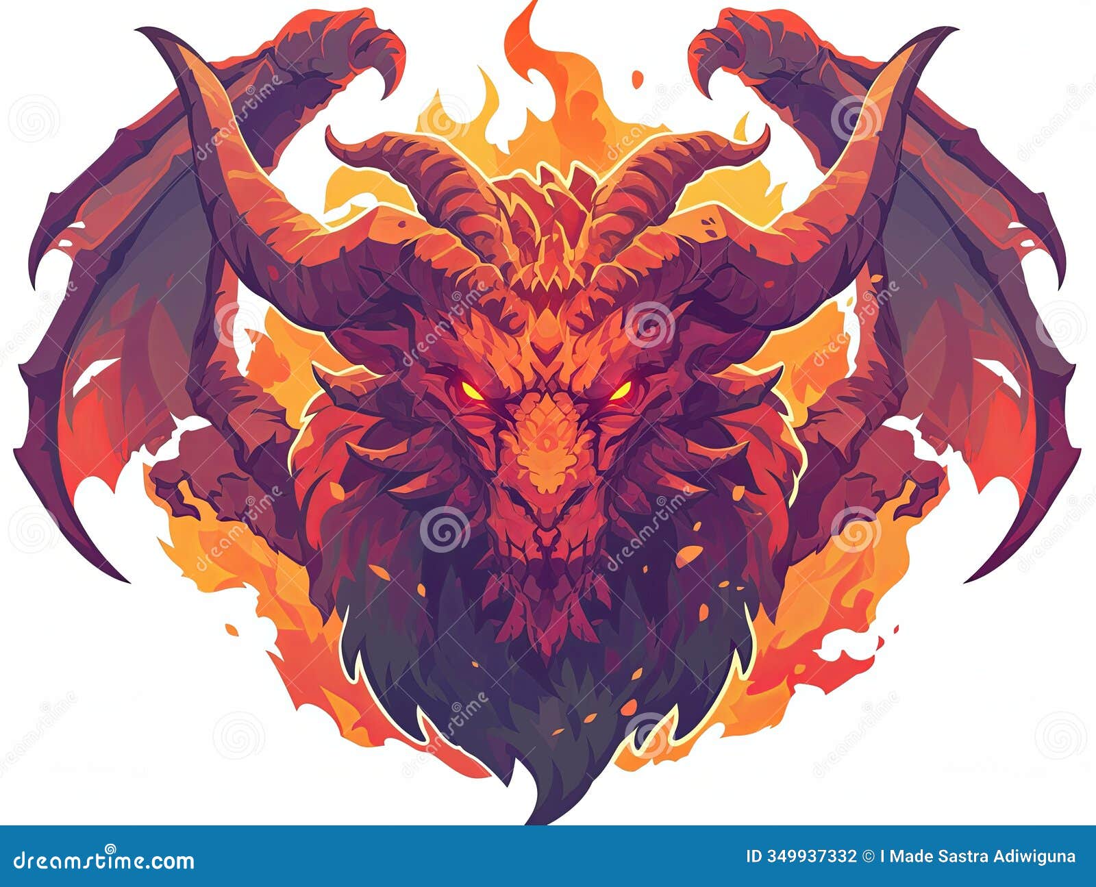 Fiery Dragon with Horns and Spread Wings Emerging from Flames Stock ...