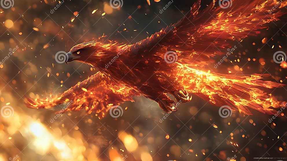 Fiery Eagle in Flight, Surrounded by Sparks and Flames Stock ...